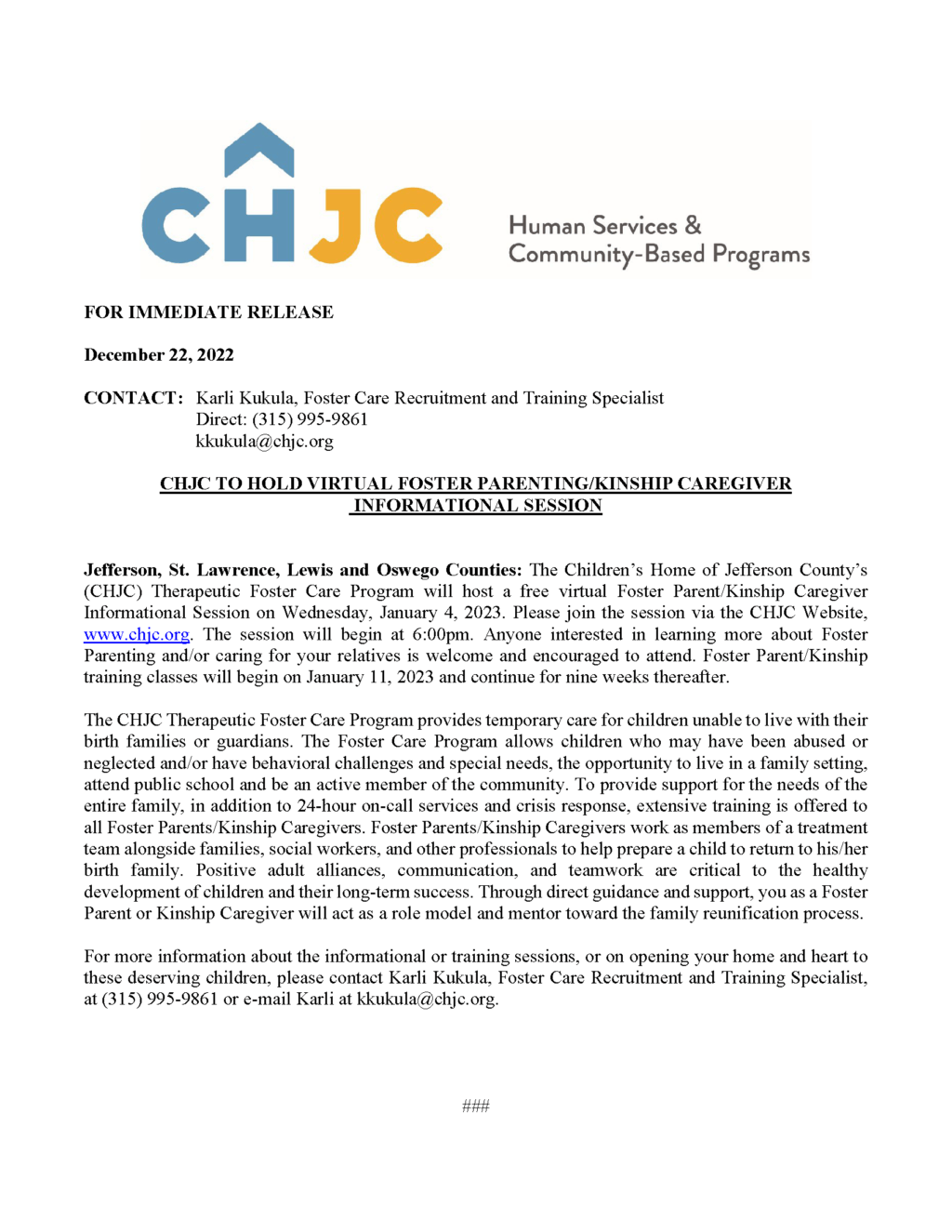 Virtual Foster Parent/Kinship Caregiver Information Session – CHJC