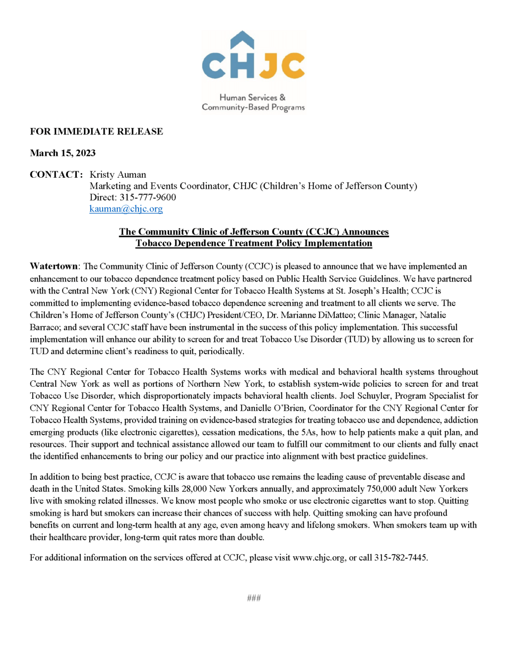 The Community Clinic of Jefferson County (CCJC) Announces Tobacco ...