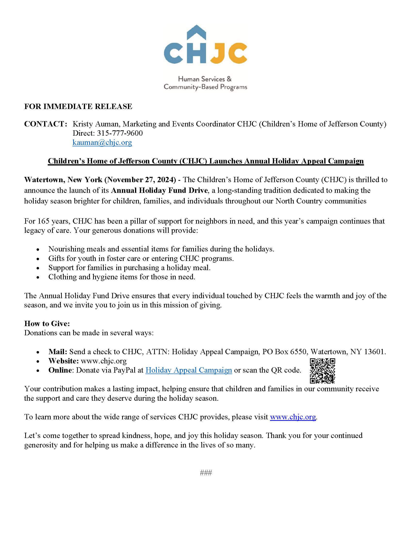 CHJC Launches Annual Holiday Appeal Campaign – CHJC